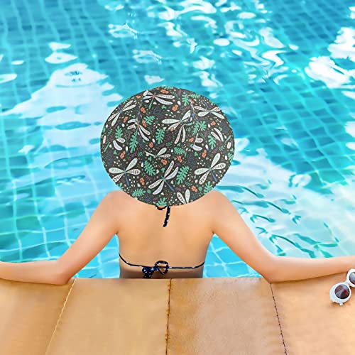 Kigai Acorns and Dragonflies Sun Hat Wide Brim Floppy Beach Hats for Women UV Protection Hat with Chain Strap for Outdoor Summer Camping Hiking