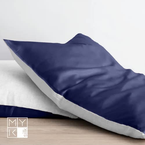 MYK Silk - Natural Silk Pillowcase with Cotton Underside for Hair and Facial, 19 Momme Navy Blue King