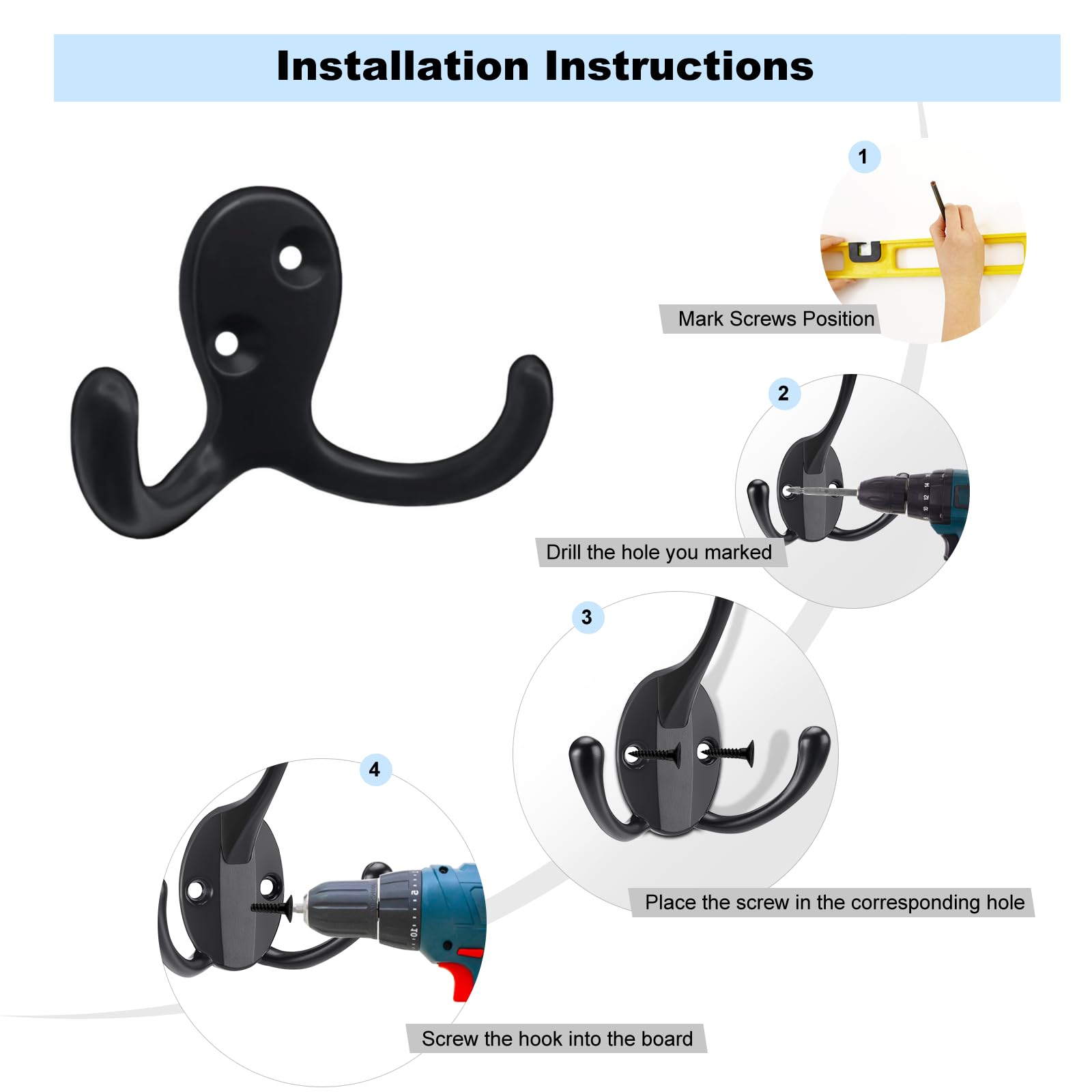 Kruodop 4 Pack Wall Hooks Wall Mounted Coat Hooks for Hanging Heavy Duty, Black Towel Hooks, Metal Double Coat Hanger with Screws Cup Retro for Coats, Handbags, Towels, Hat