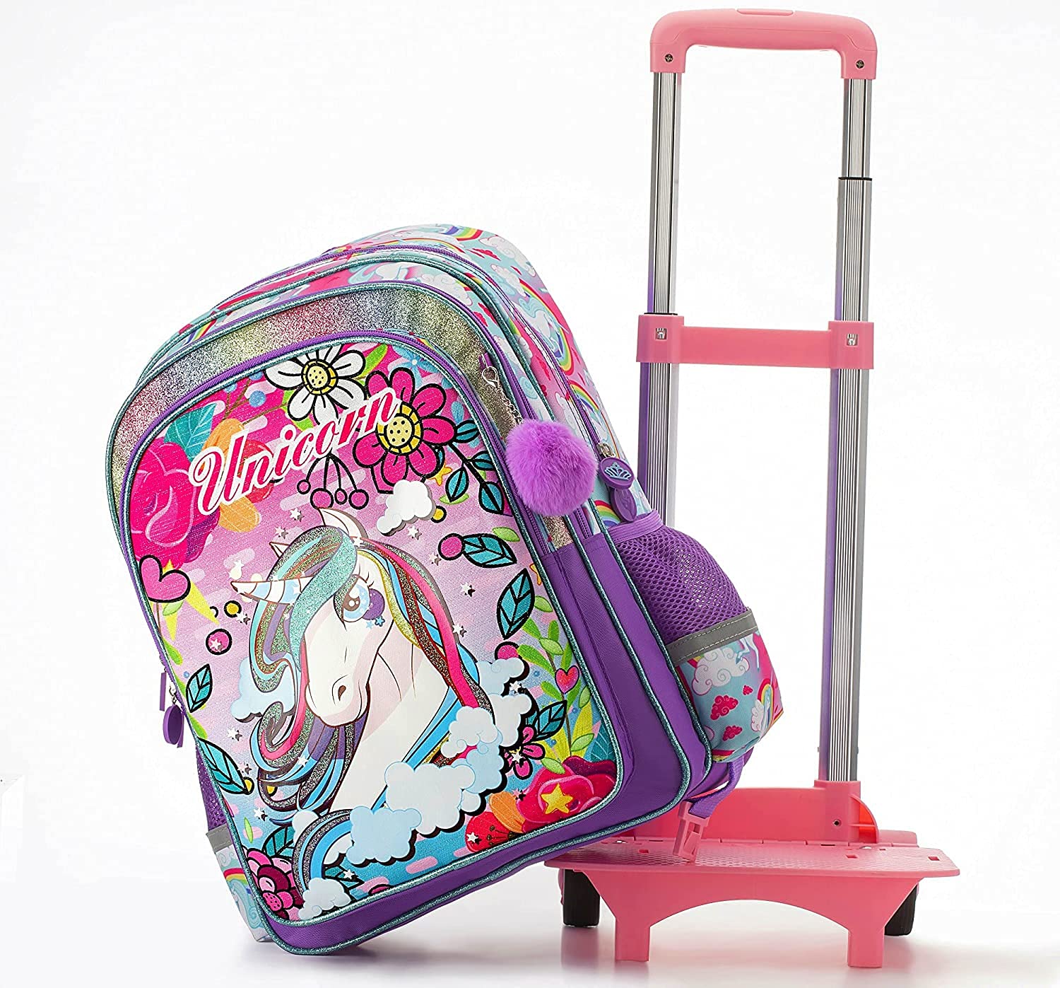 Egchescebo Kids Rolling School Backpack Bags for Girls With Wheels Trolley Roller Wheeled 5PCS With Lunch Box Cute Unicorn Pattern Rolling Backpacks Bags Girls Pink