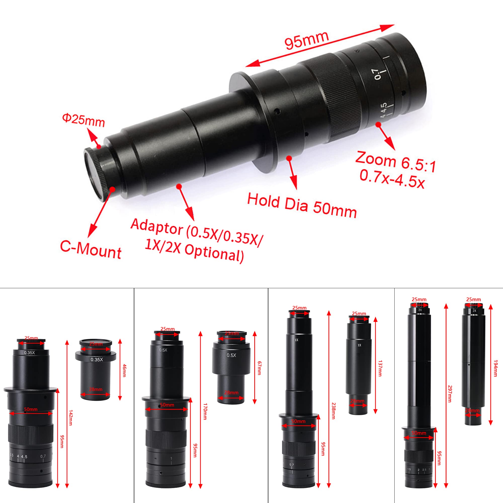 HAYEAR Industry Microscope Lens C Mount Eyepiece Lens Tube 0.35X 0.5X 1X 2X for Optical Zoom 0.7X - 4.5X Monocular Lens (0.5X)