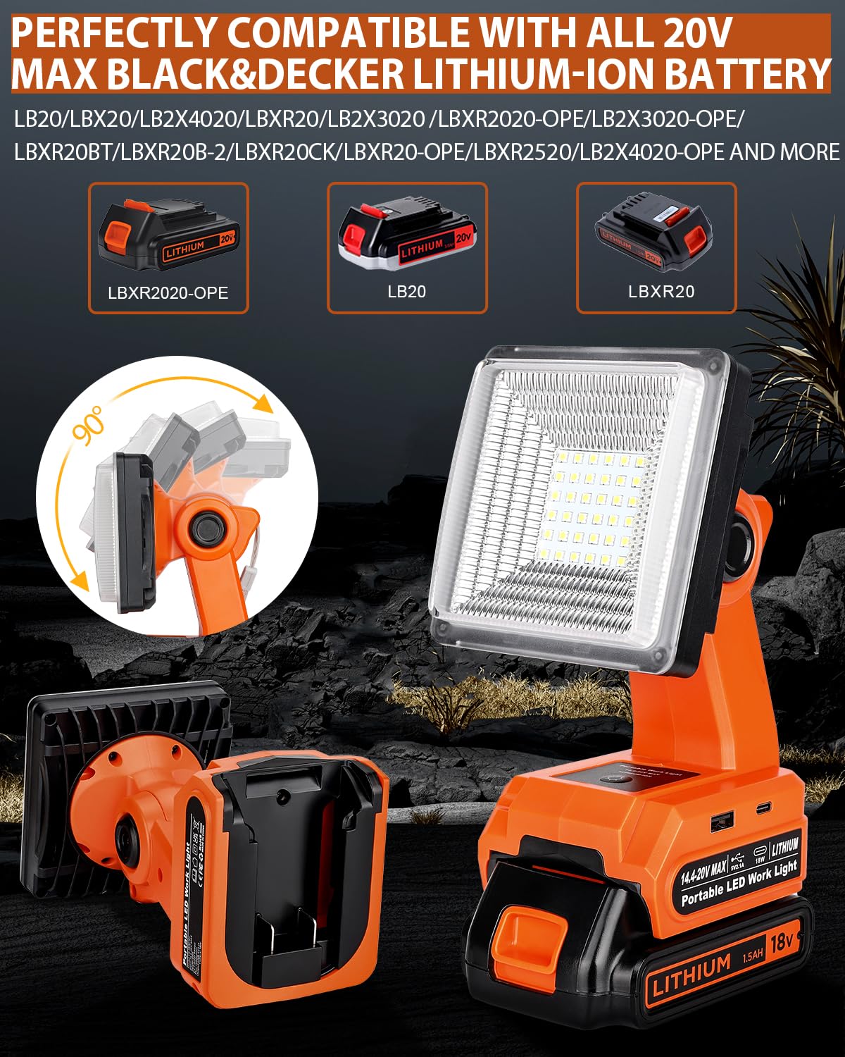 Cordless LED Work Light for Black and Decker 20v Battery, 25W LED Floodlight with USB-A&USB-C 2.1A Fast Charging Ports for Jobsite, Car Repairing, Camping, Emergency(Battery not Included)
