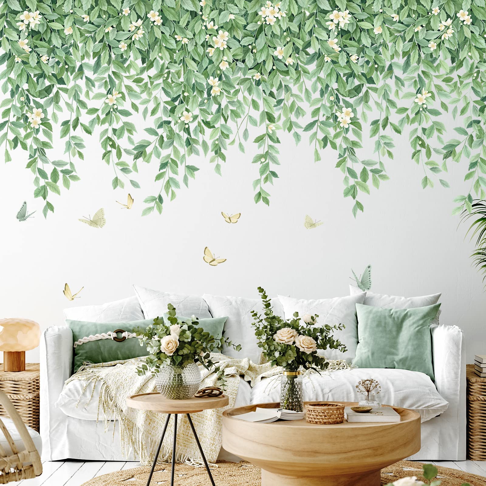 Green Leaves Wall Sticker Hanging Vine Wall Decals Watercolor Eucalyptus Leaf Wall Stickers Removable DIY Flowers Wall Decal for Living Room Bedroom