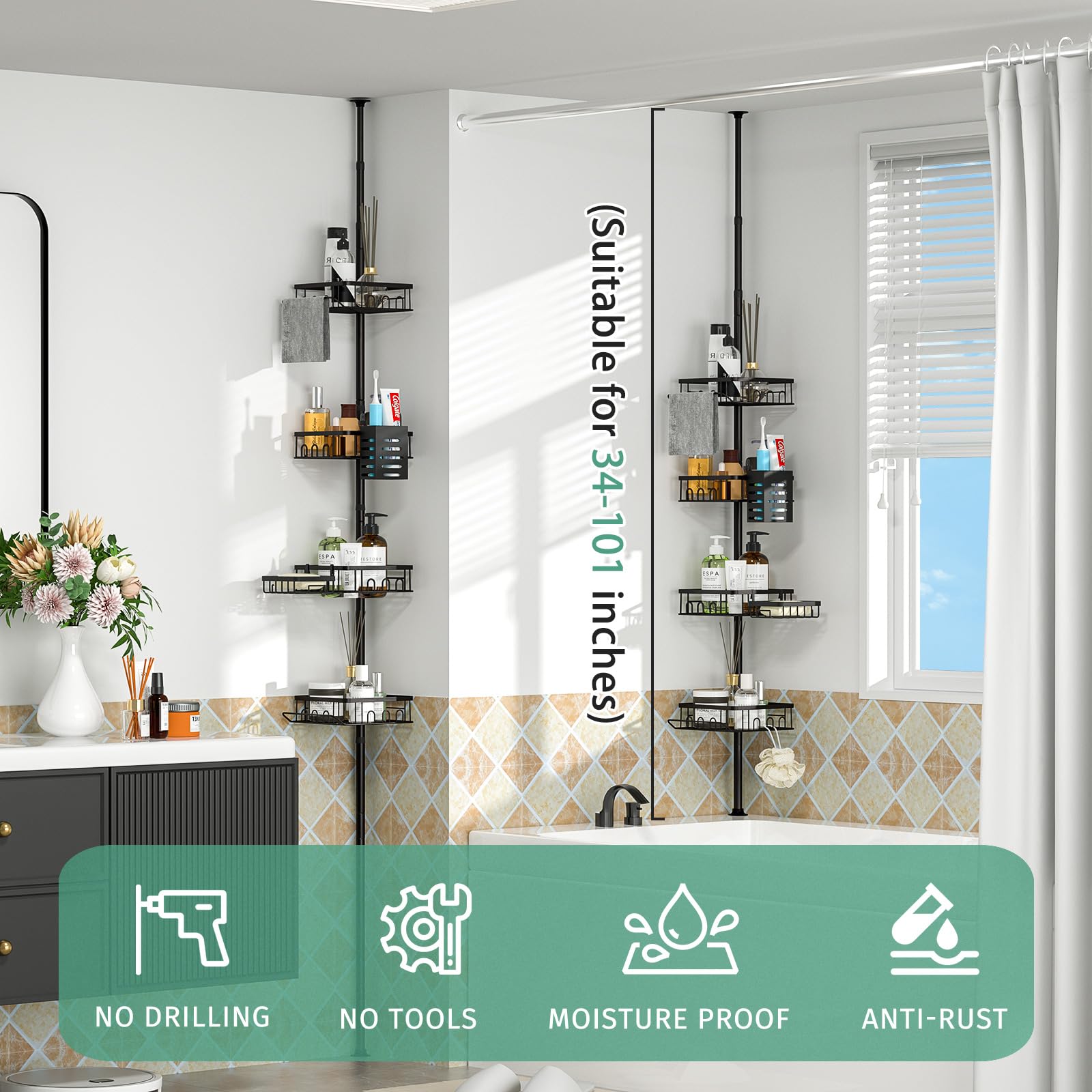 ksdenuov Corner Shower Caddy Tension, Adjustable 34-101 Inches Shower Caddy Tension Pole, 4-Tier Rust-Resistant Freestanding Shower Caddy With Rod, Suitable for Bathtub and Shower Organizer - Black