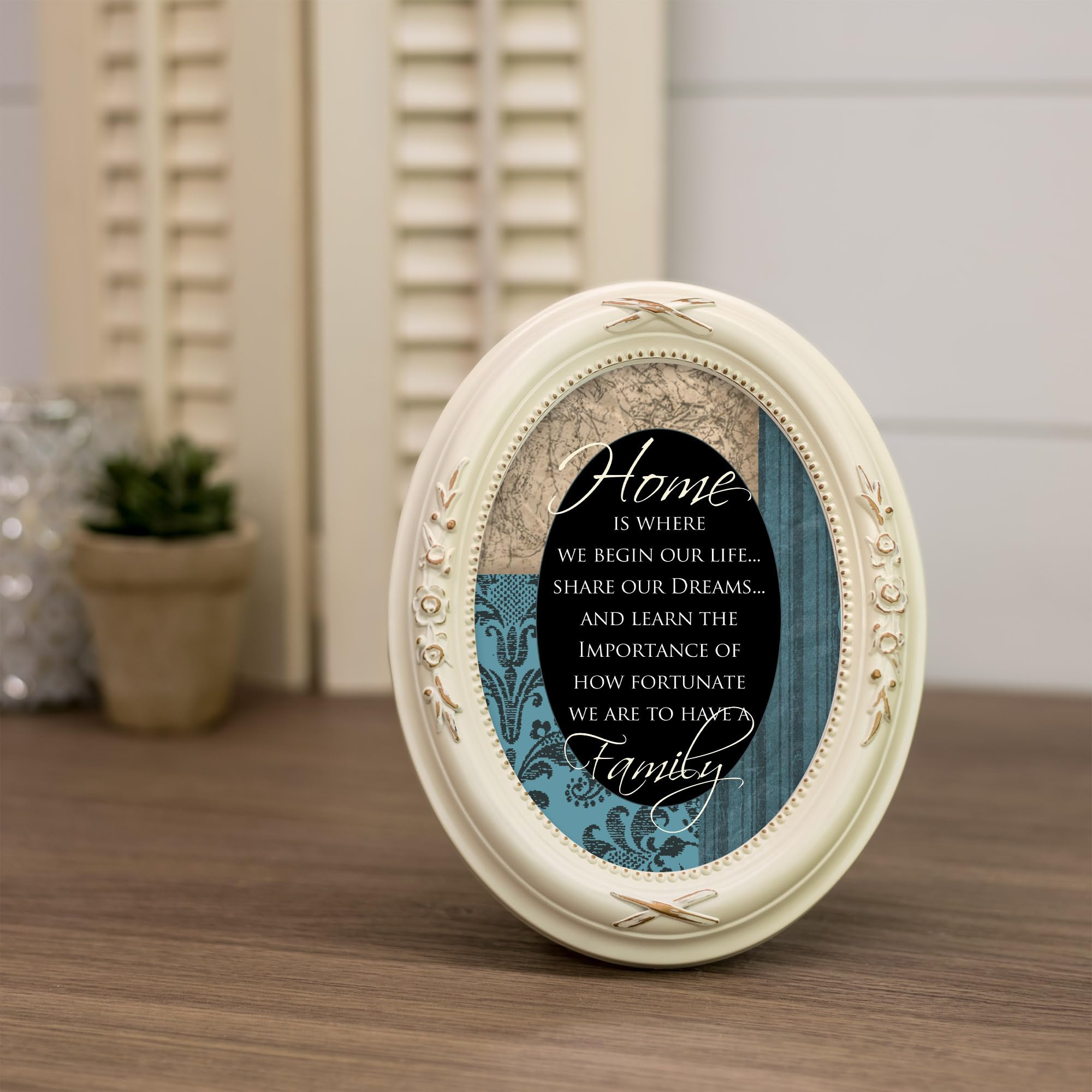 Cottage Garden Home Is Where We Begin Life Distressed Ivory Floral 5 x 7 Oval Table and Wall Photo Frame