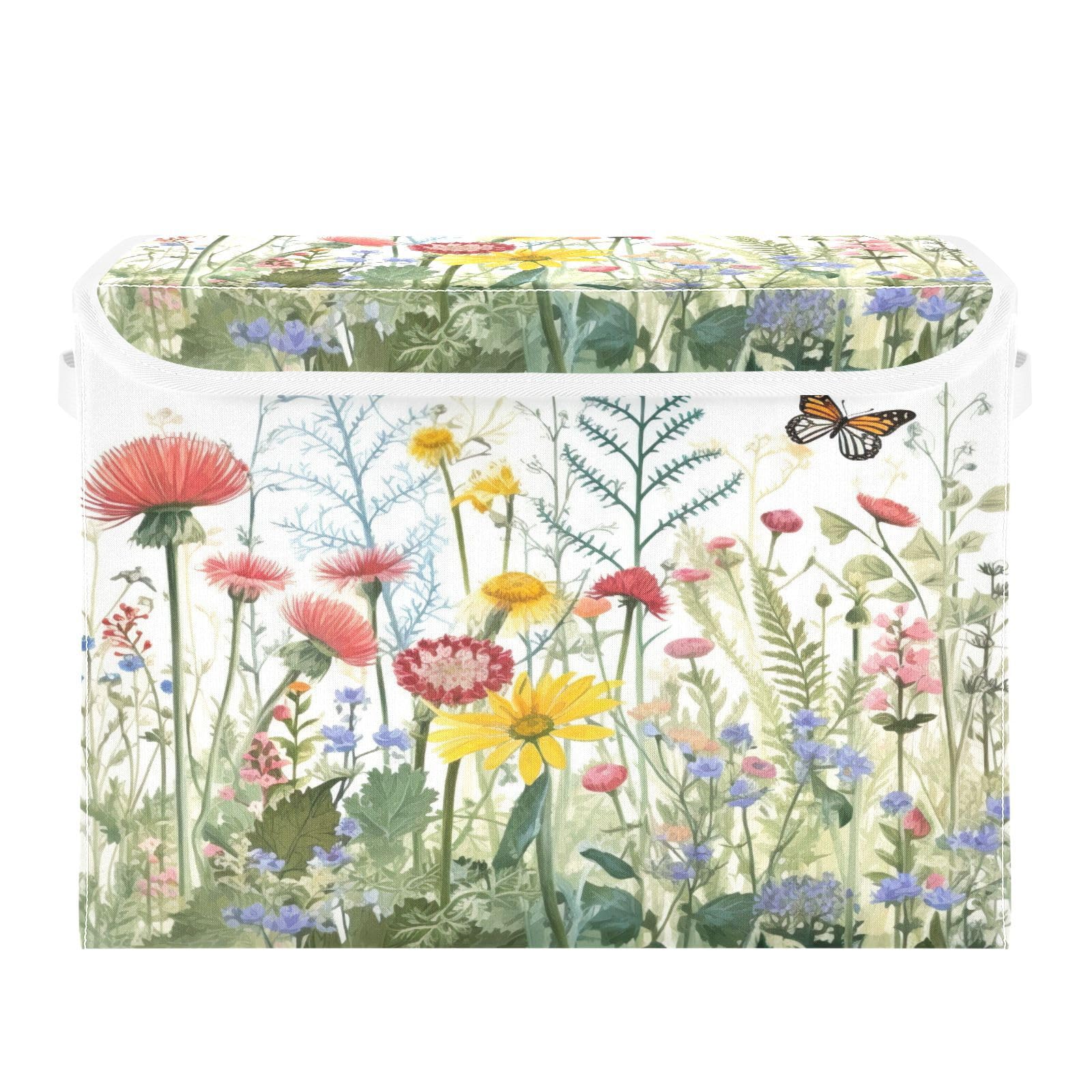 KEEPREAL Wildflowers Butterfly Storage Basket Bin with lid, Large Cube Storage Box Collapsible Storage Organizer for Home Office Closet - 16.5 L x 12.6 W x 11.8 H(51)