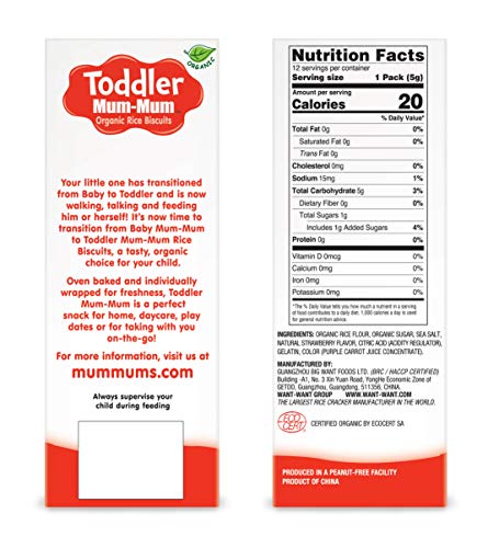 Toddler Mum-Mum Rice Biscuits, Organic Strawberry, Organic, Gluten Free, Allergen Free, Non-GMO, 2.12 Ounce,12 Count, Pack of 6