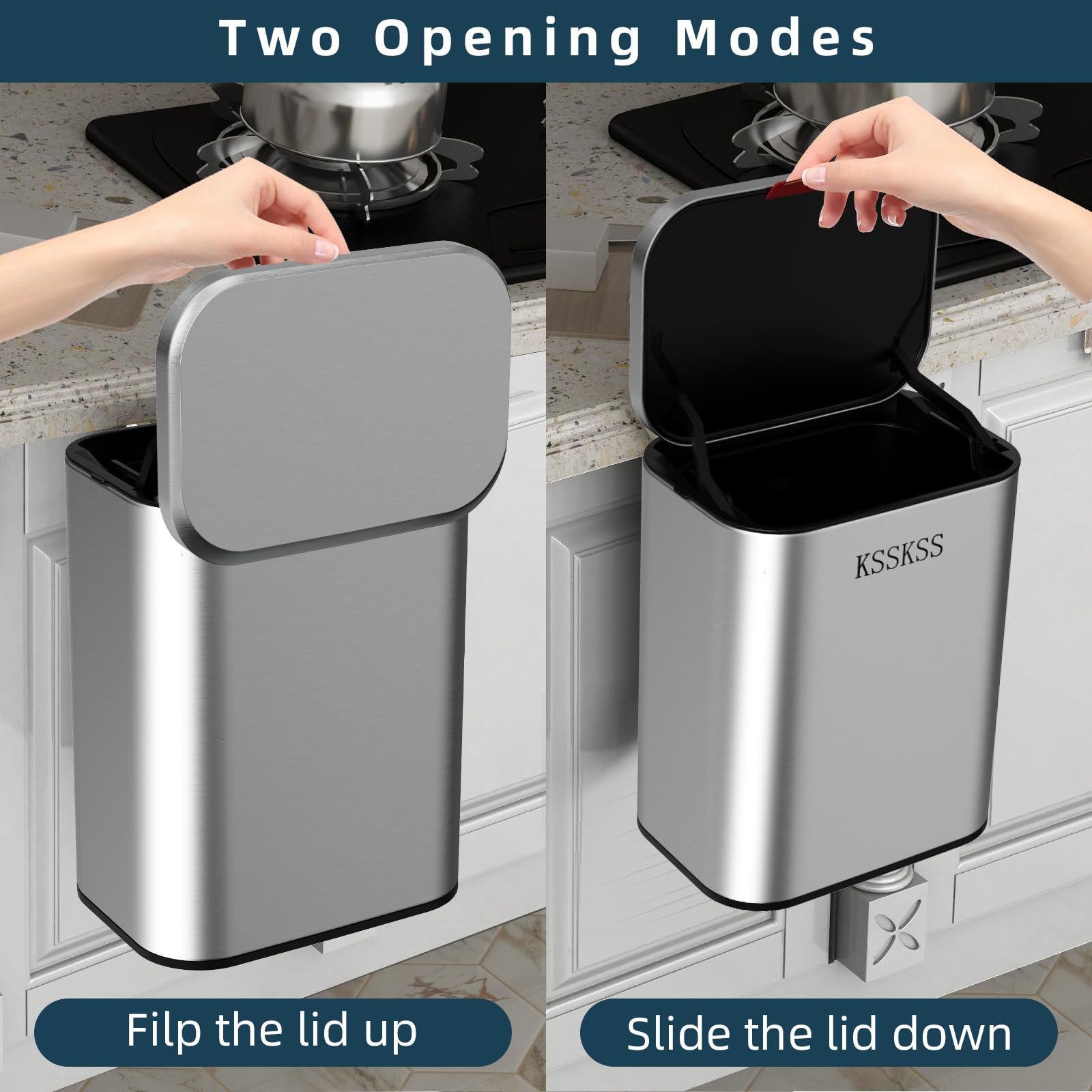 KSSKSS 2.1 Gallon Kitchen Compost Bin with Lid and Inner Bucket, 8L Stainless Steel Hanging Trash Can with Removable Inner Bucket for Cupboard/RV, Mountable Indoor Compost Bucket (Silver)