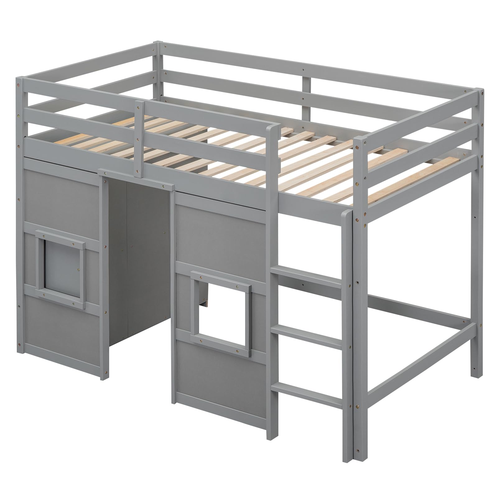 Merax Wood Loft Bed Twin Size with Storage Wardrobe, 2 Windows Design, for Teens, Boys & Girls, Grey