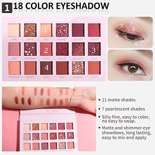 Lookmee All In One Makeup Essential Starter Kit for Beginners or Pros, 18 Colors Naked Eyeshadow Palette Nude Face Primer, Brush, Sponge, Eyebrow Powder, Winged Eyeliner Stamp (SetA)