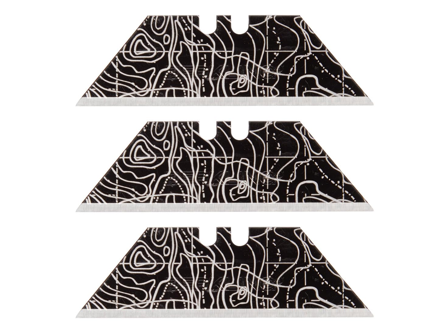 NDZ Performance Steel Blade Replacement for Utility Knife & Box Cutters, Custom Razor Blade, Double Sided Laser Engraved Designs, Black - Topographic Map, Three Pack