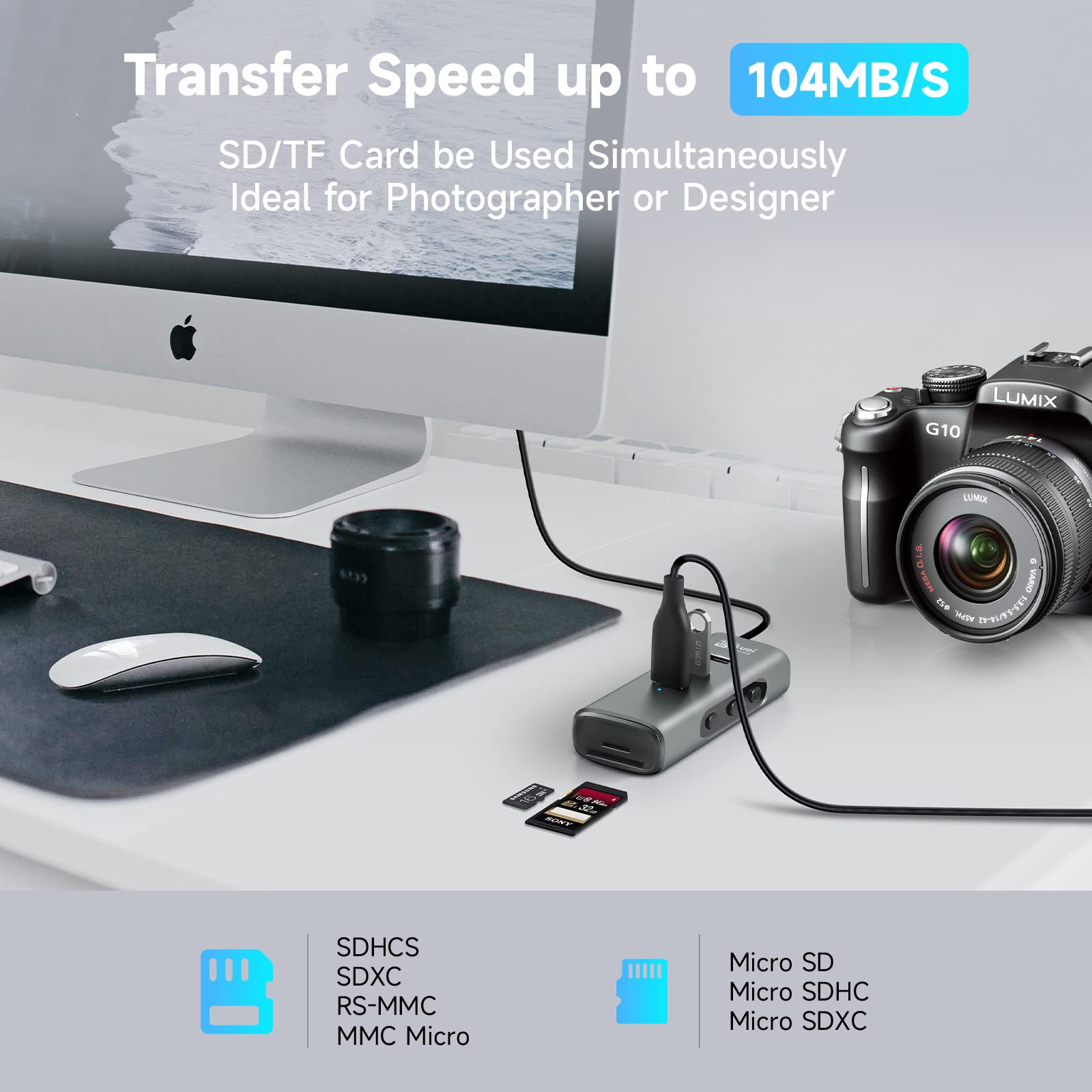 ikuai SATA to USB 3.0 Dual Bay Hard Drive Dock + 5 in 1 USB C Hub with 3 USB 3.1/3.2 Gen 2 Port, SD/TF Card Reader