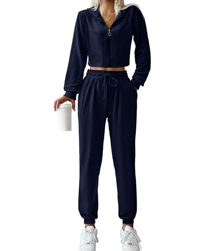 KIRUNDO Women 2 Piece Outfits y2k Fashion Sweat Sets Casual Zip Up Long Sleeve Hoodie Jacket And Sweatpants Work Out Sets (Navy, X-Large)