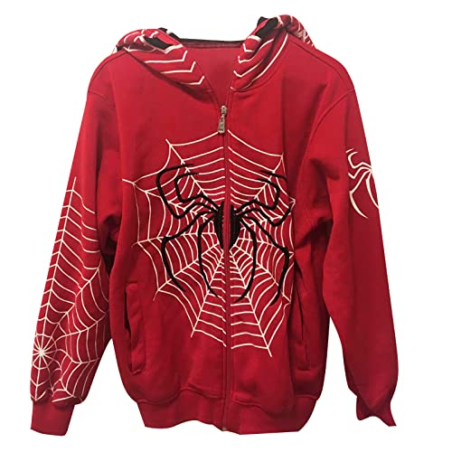 Leyajedol Women Y2k Star Print Zip Up Hoodie Oversized Long Sleeve Sweatshirt Gothic Graphic Aesthetic Punk Jacket with Pockets(H-Spider Web Print Red,S)