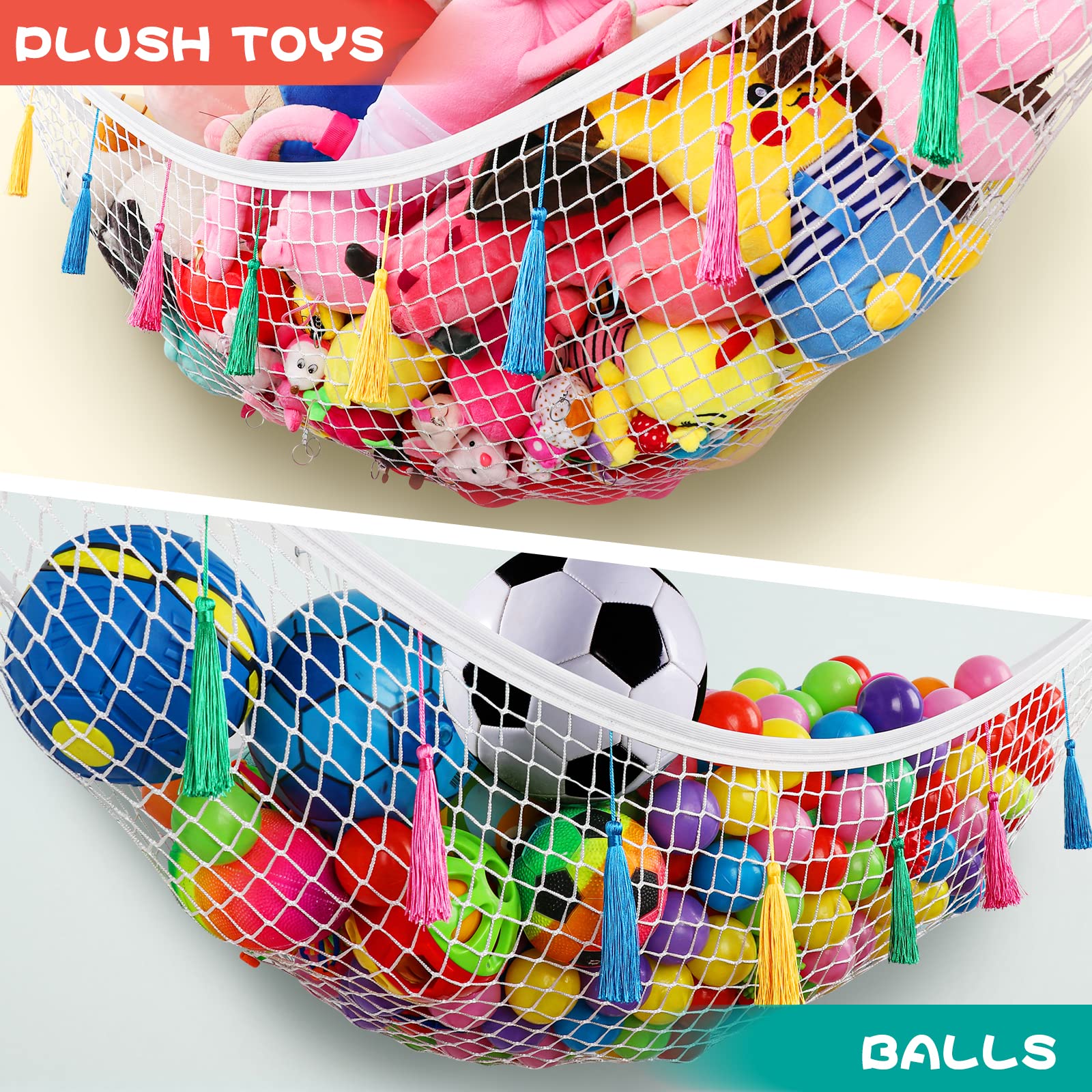 Stuffed Animal Net, Toy Storage Hammock, Premium Plush Hanging Stuff Animals Organizer, Mesh Pet Net with 12pcs Colorful Tassels for Nursery Play Room Bedroom Kid Room(Large, White)