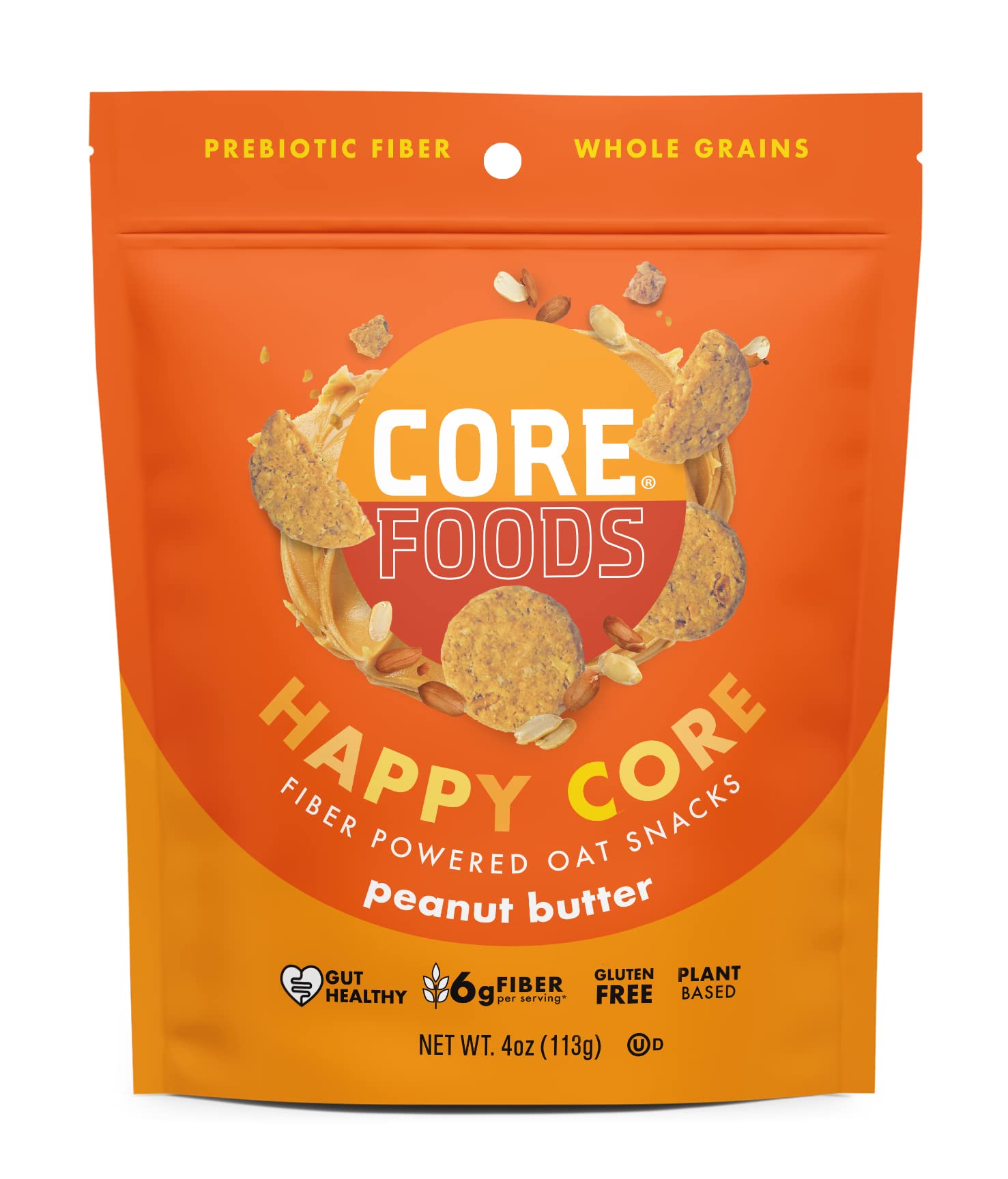 CORE Fiber Powered Oat Snacks, Peanut Butter, 4oz Bag, Plant-Based, 6g Prebiotic Fiber