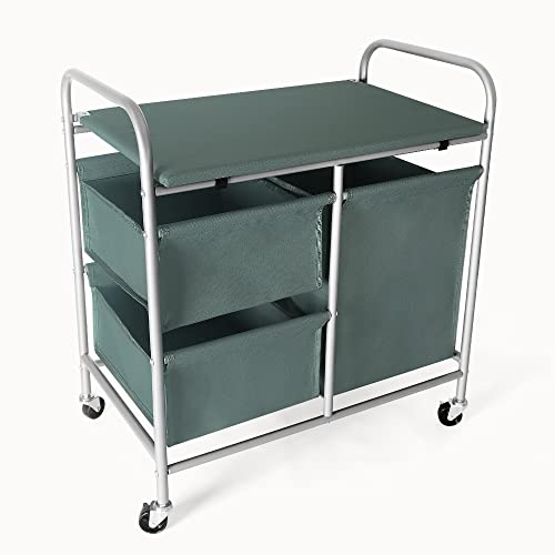 JEFEE Rolling Laundry Sorter Cart Heavy Duty 3 Bags Laundry Hamper Sorter Cart with Ironing Board Removable Bags for Dirty Clothes Storage 26"Lx 16.5"Wx 29"H Blue Grey………