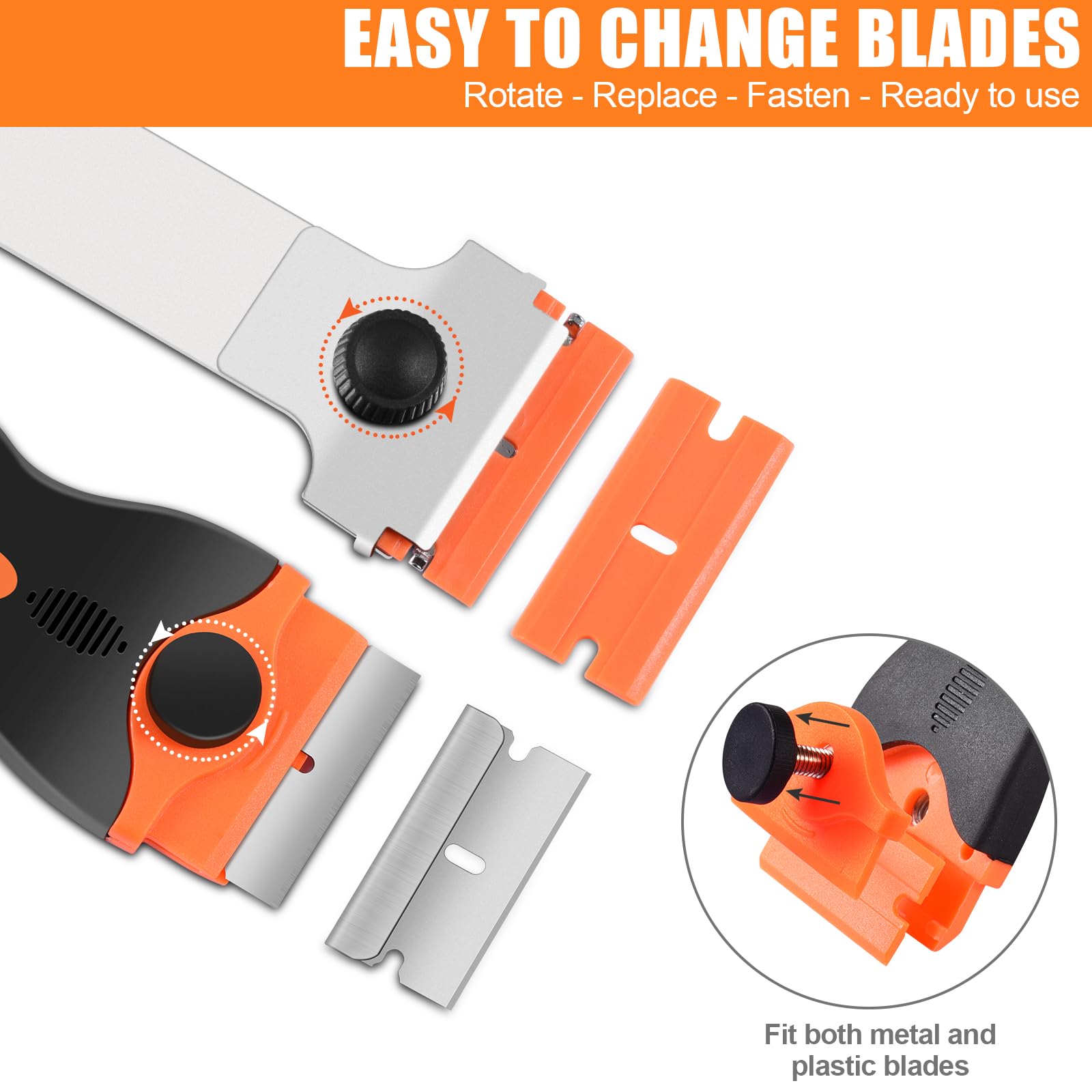 NECAMOCU 3 Pack Razor Blade Scraper, Premium Cleaning Scraper Tool with 60 PCS Metal & Plastic Razor Blades, Multi-Purpose Glass Scraper for Windows, Sticker, Decals, Cooktop, Paint Removal (Orange)