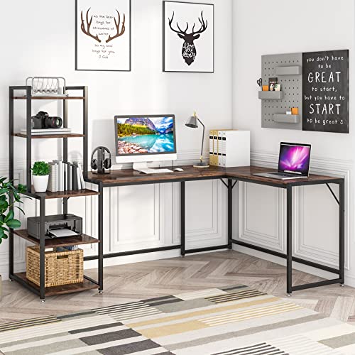 Tribesigns 79 Inch Reversible L-Shaped Desk, Industrial Large Corner Desk with 5 Tier Storage Shelves, Large L Desk Home Office Desk Computer Table Writing Desk, Rustic Brown