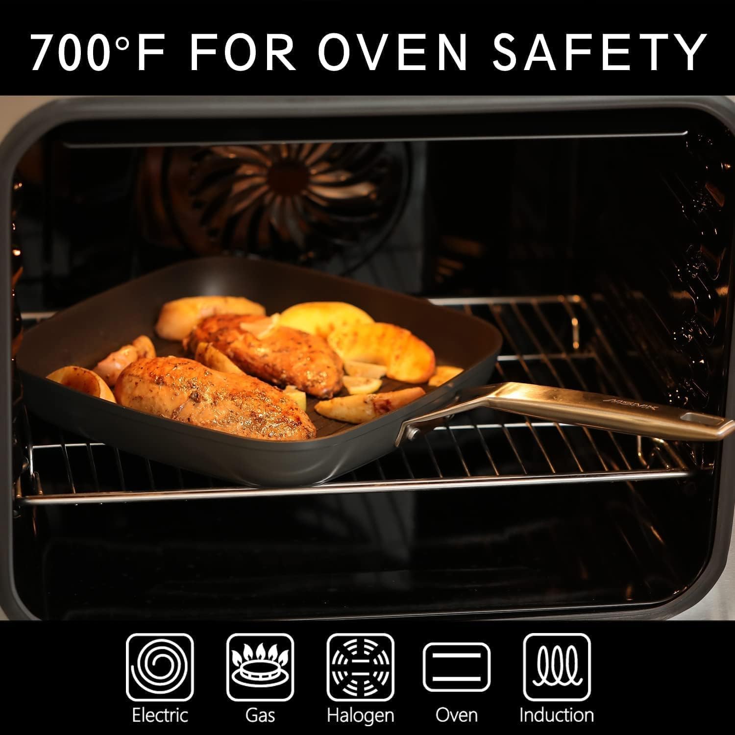 MsMk Square Grill Pan with Lid, 9.5 Inch Titanium and Ceramic Nonstick Grilling Skillet Pan,Stay-Cool Handle,Compatible with All Stovetops,PFOA Free,Dishwasher & Oven Safe,Indoor Chicken Skille