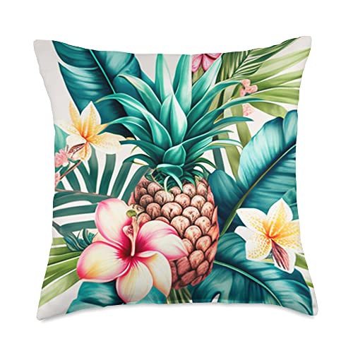Hawaiian Beaches Hawaiian Polynesian Tropical Aesthetic Plumeria Pineapple Throw Pillow, 18x18, Multicolor