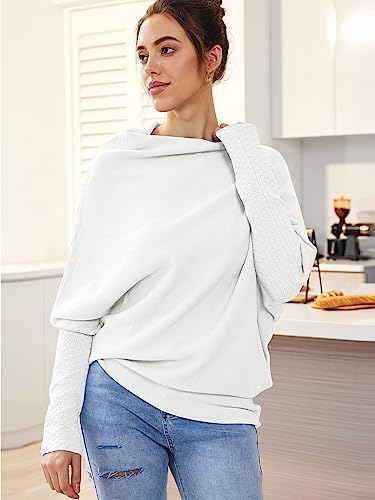 LILLUSORY Womens 2023 Fall Long Batwing Sleeve Off Shoulder Tunic Tops Oversized Crewneck Lightweight Slouchy Pullover Sweaters White