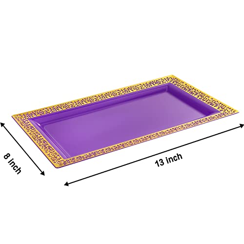 U-QE 8 Pack Rectangle Plastic Serving Tray - Purple & Gold Rim Disposable Serving Trays and Platters for Food - Platters for Serving Food - Party, Wedding, Dessert Table, Cupcake display - 13x8 inches