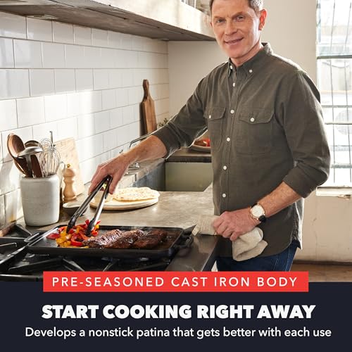 GreenPan x Bobby Flay Cast Iron Pre-Seasoned 11” Reversible Double Burner Rectangle Grill/Griddle, Helper Handles, Induction Suitable, Versatile Stovetop, Oven, BBQ & Fire, Indoor/Outdoor Use, Black