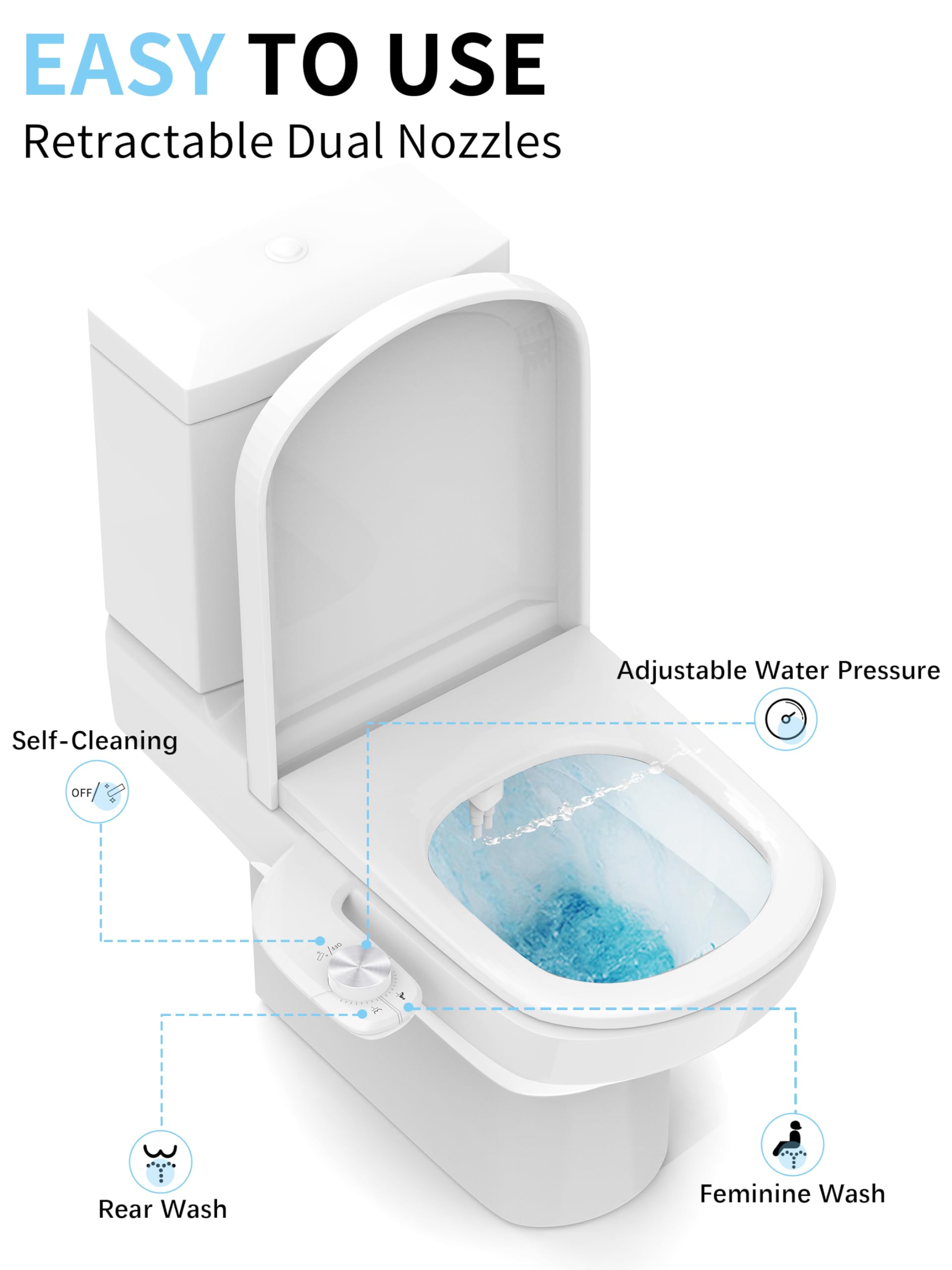 Livilord Bidet Attachment for Toilet, Non-Electric Retractable Self-Cleaning Nozzle for Existing Toilets, Bidet Toilet Seat Attachment with Pressure Controls for Frontal & Rear Wash