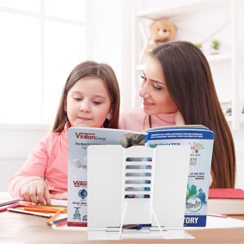Honagu Book Stand Metal Desk Book Holder, Book Holders for Reading Hands Free, Adjustable Cookbook Documents Holder, Portable Bookstand for Music Books, Textbook, Recipe,Tablet, Ipad (White)