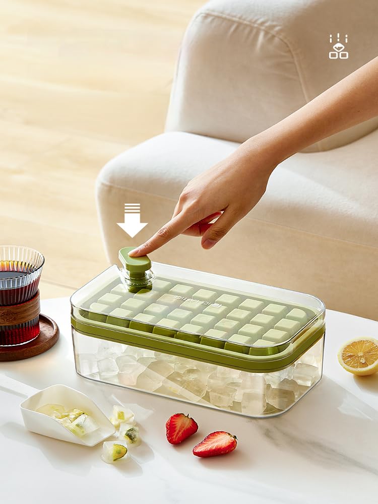 GOHOLE Ice Cube Trays for Freezer with Lid and Bin, 64 Ice Cubes, 2 Trays, Container, Lid & Ice Scoop (Green)