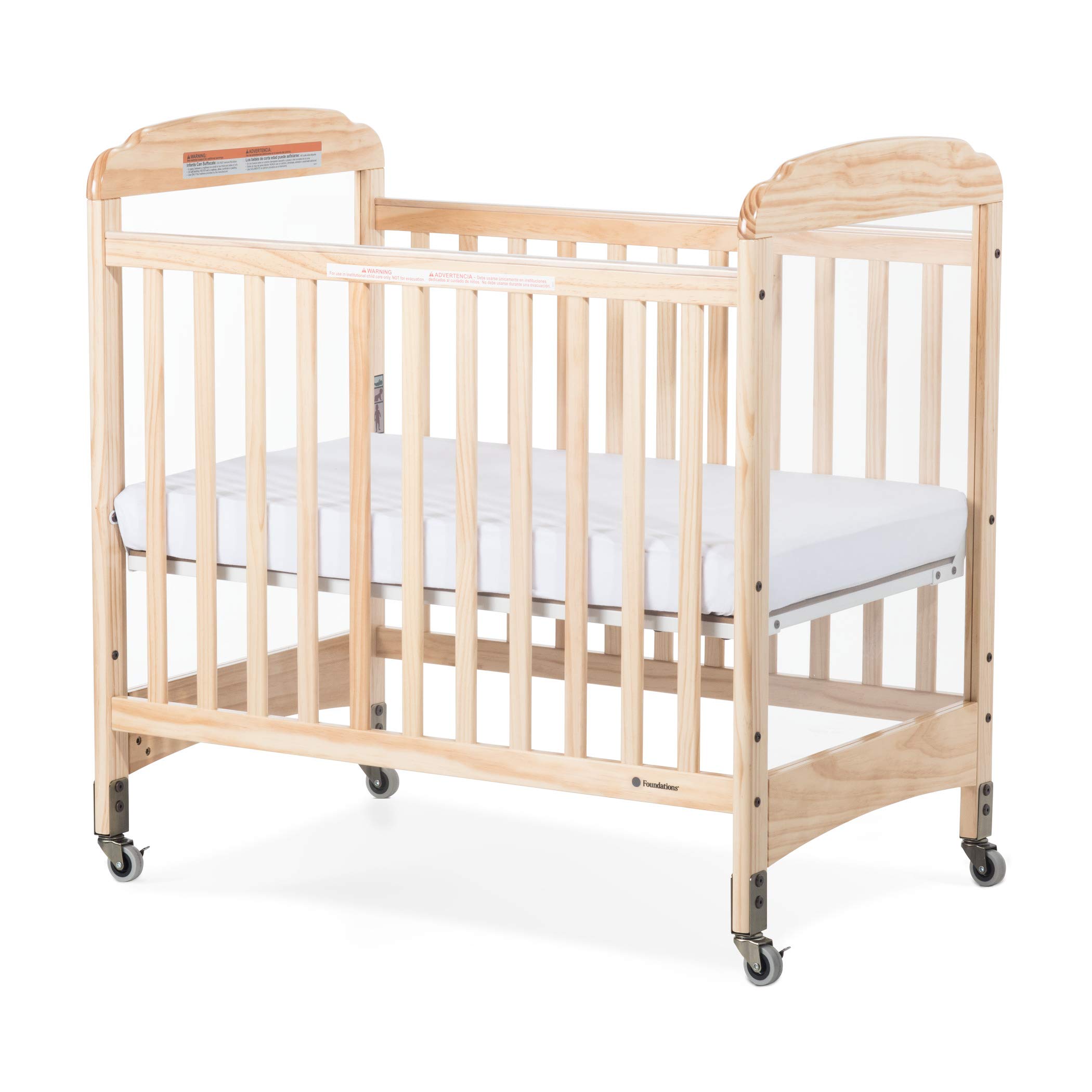 Foundations Serenity Compact Clearview Daycare Crib, Fixed Side, Durable Wood Construction, Adjustable Mattress Board, Clear End Panels. Includes 3” InfaPure Foam Mattress (Natural)