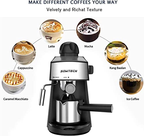 SOWTECH Steam Espresso Machine Espresso Maker Cappuccino Latte Machine with Steam Milk Frother and Mug 3.5 Bar 4 Cup