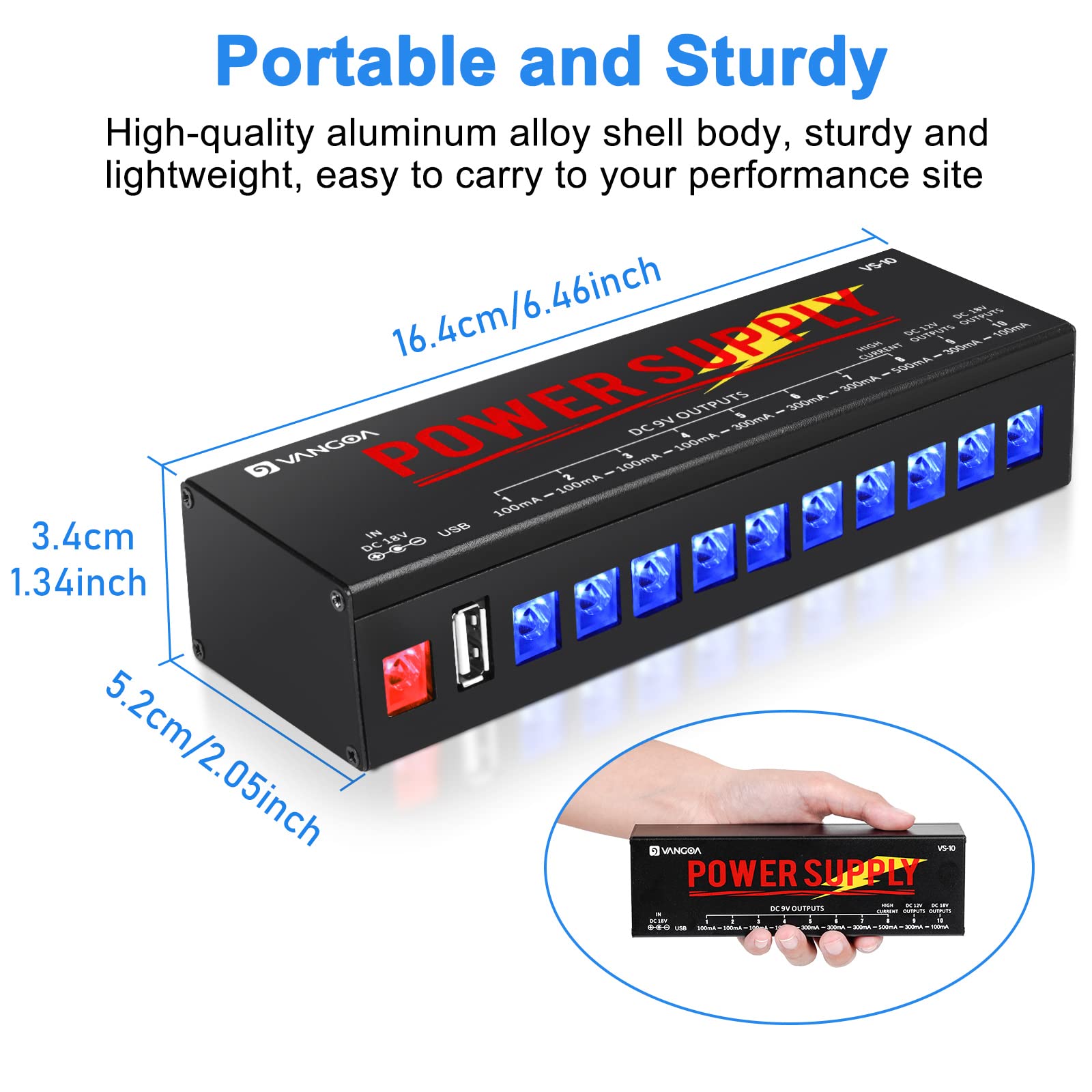 Vangoa Guitar Pedal Power Supply 10 Truly Isolated Outputs, Portable Pedal Board Power Supply with USB for 9V/12V/18V Effect Pedal Power Supply