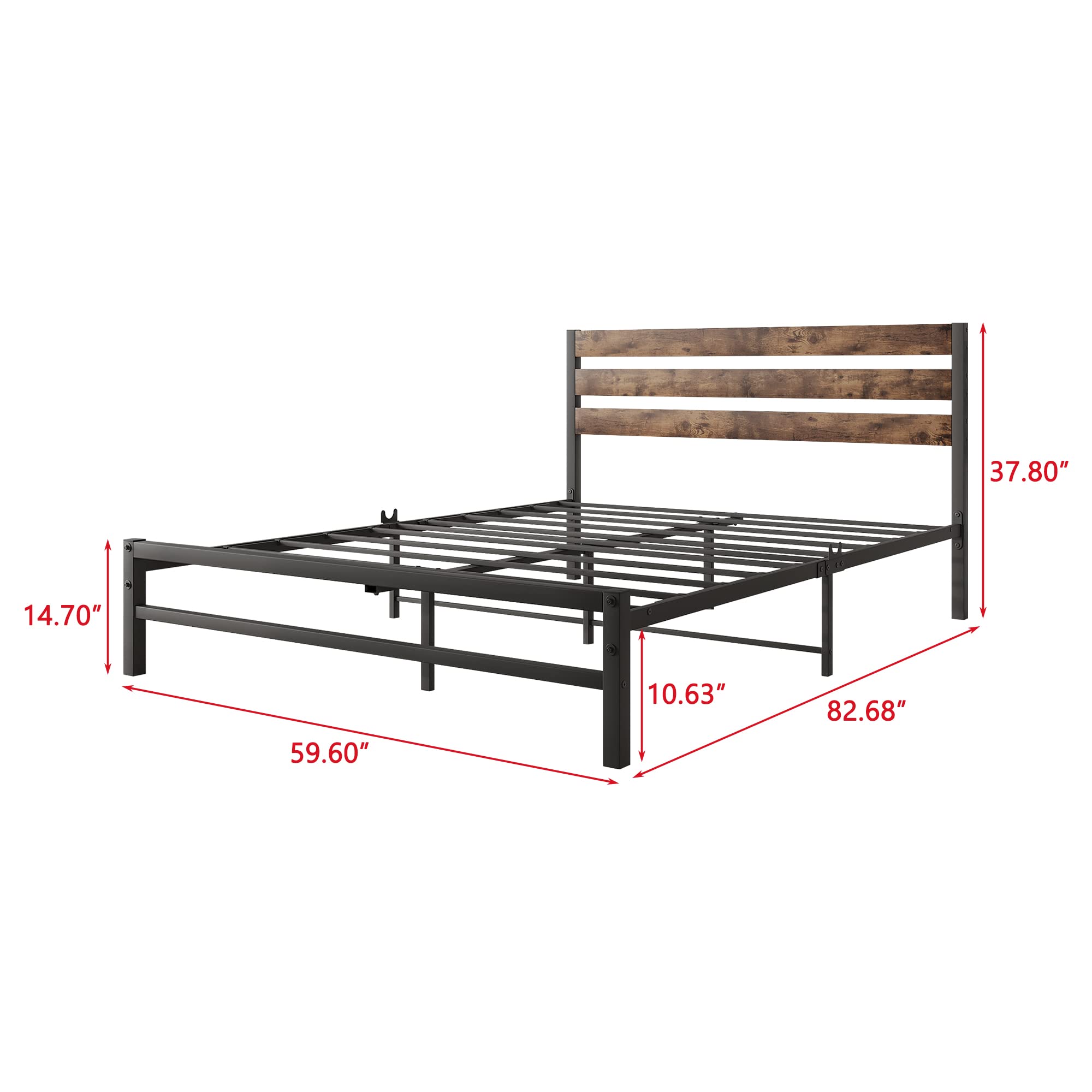 Crocofair Platform Queen Bed Frame with Vintage Wood Headboard,Mattress Foundation,Strong Metal Slats Support,No Box Spring Needed,Easy Assembly,Noise-Free,Black & Rustic