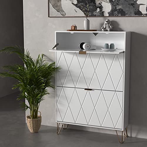 UEV Shoe Cabinet,Freestanding Shoe Rack Storage Organizer with Drawers & Metal Legs,Modern Shoe Storage Cabinet with 3 Flip Drawers for Entryway (White)