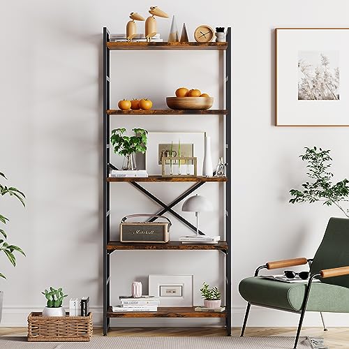 Vongrasig 5 Tier Bookshelf, Free Standing Bookcase Organizer Farmhouse Kitchen Ladder Shelves Rustic Wood Open Shelves Metal Frame, Vintage Storage Display Rack for Living Room, Bedroom Home Office