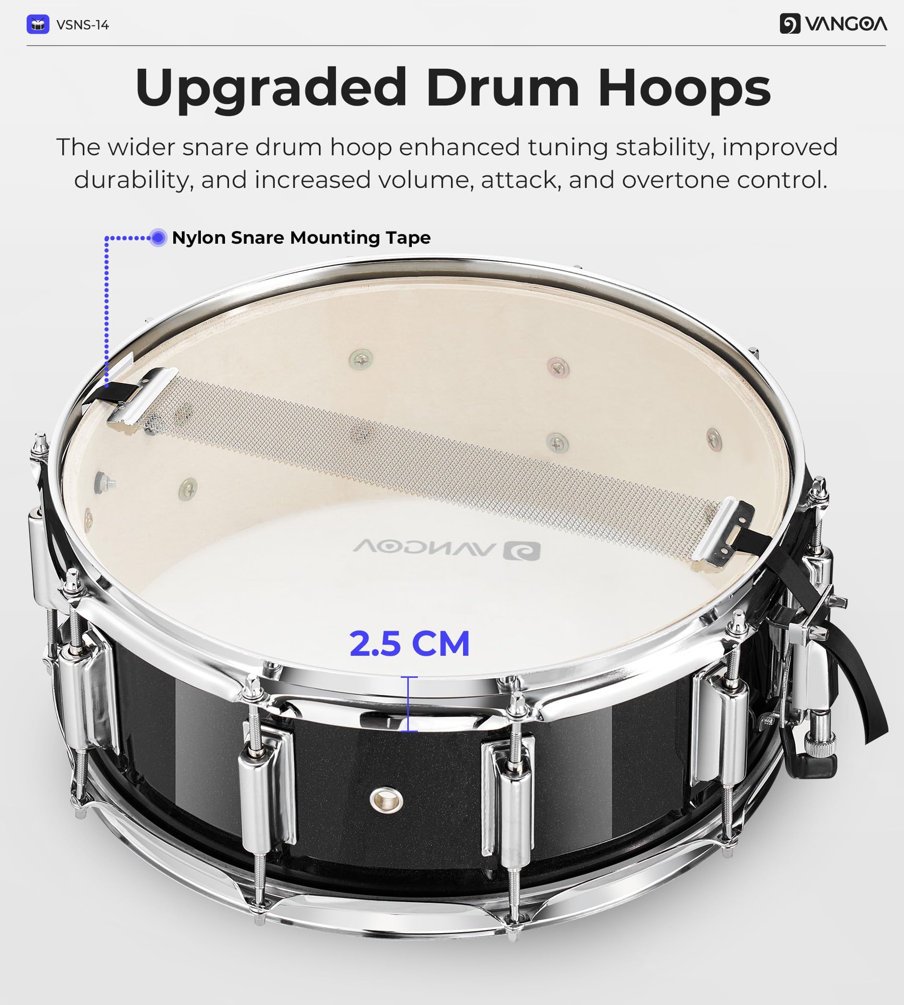 Vangoa Snare Drum Kit 14 x 5.5 Inches Marching School Band Student Beginner Practice Snare Drum with Stand, Gig Bag, 5A Drumsticks, Tuning Key, Coated Drum Head, Strap, Mute Pad, Black