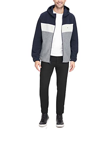 Tommy Hilfiger Men's Hooded Polar Fleece Jacket, Navy/White/Light Grey, Large