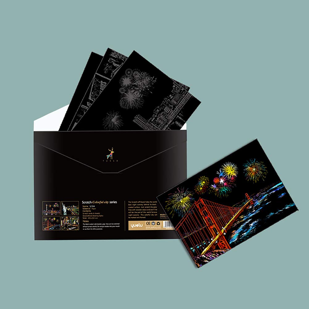 Scratch Art for Teens & Adults, Rainbow Engraving Painting Landscape Scratchboard(A4) Crafts Set: 8 Sheets with 4 Tools - New York, Statue of Liberty, Golden Gate Bridge, Manarola (America/Europe)