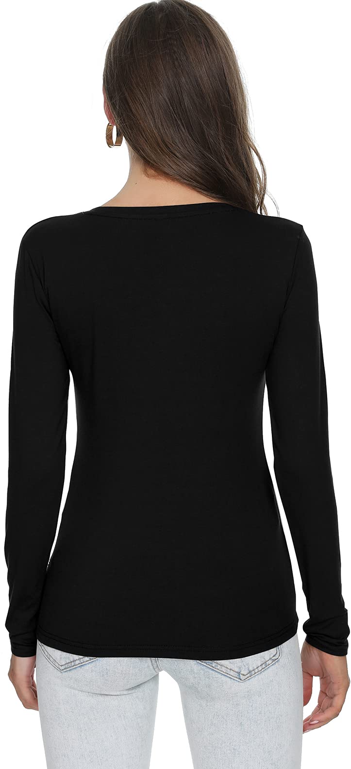 LINDLOOK Women's Slim Fitted V Neck Long Sleeve T Shirt Basic Soft Cotton Tops(Black/V-Neck,L)