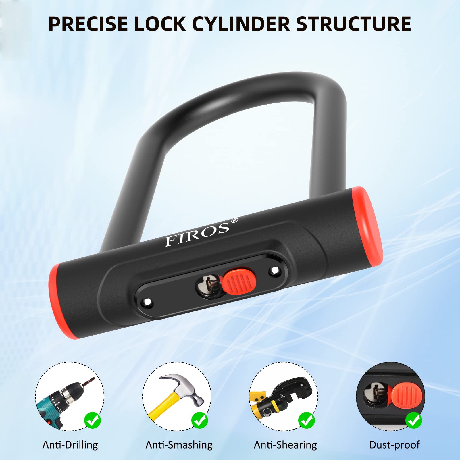 FIROS Anti-Theft Bike U Lock, Heavy Duty, 16mm, Black, 5ft Steel Cable, Mounting Bracket, 9.45x6.69in