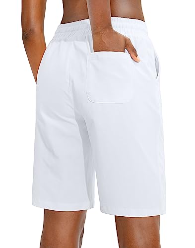 Viodia Women's Bermuda 10" Long Shorts with PocketsĀ Cotton Sweat Lounge Shorts for Women Jersey Athletic Knee Length Shorts for Summer White