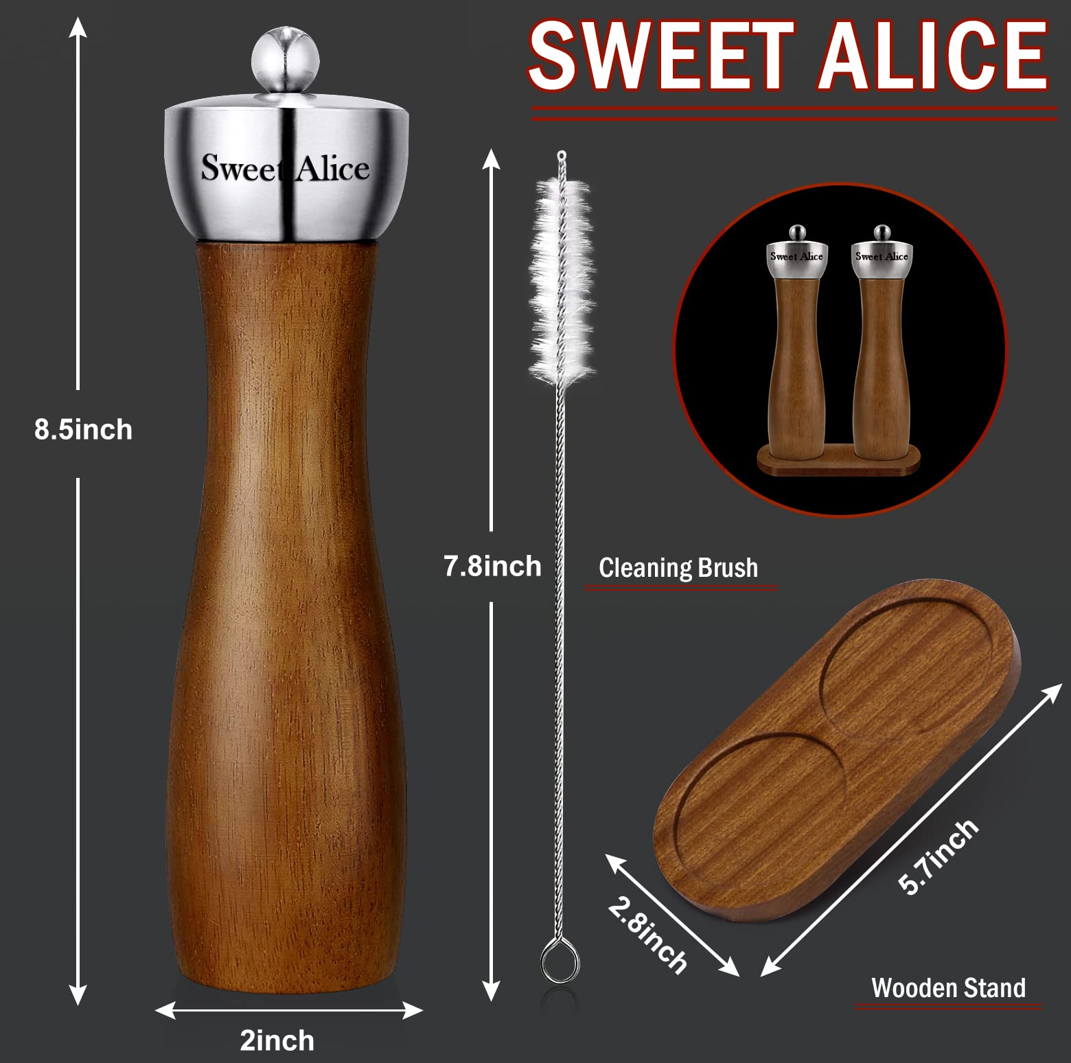 Salt and Pepper Grinders Refillable Set, Beech Wood Pepper Mill with Ceramic Mechanism, Solid and Durable Salt Grinders Suited for Sea Salt, Black Peppercorn (6'', Brown Set of 2)
