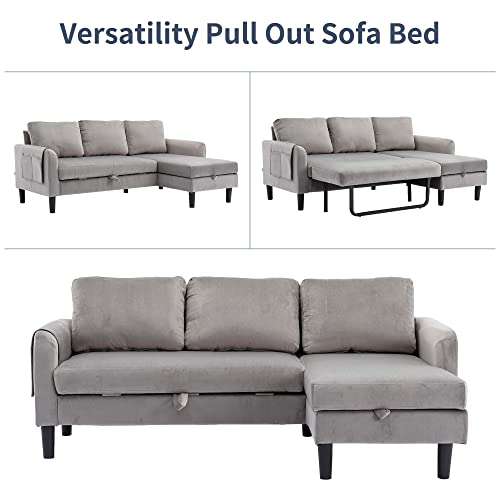 Hdxdkog L-Shaped Sectional Sofa with Pull-Out Bed 72" Sectional Sleeper Sofa Bed with Storage Chaise Lounge and Pocket, Upholstered Corner Couch for Living Room Home Office (Gray)