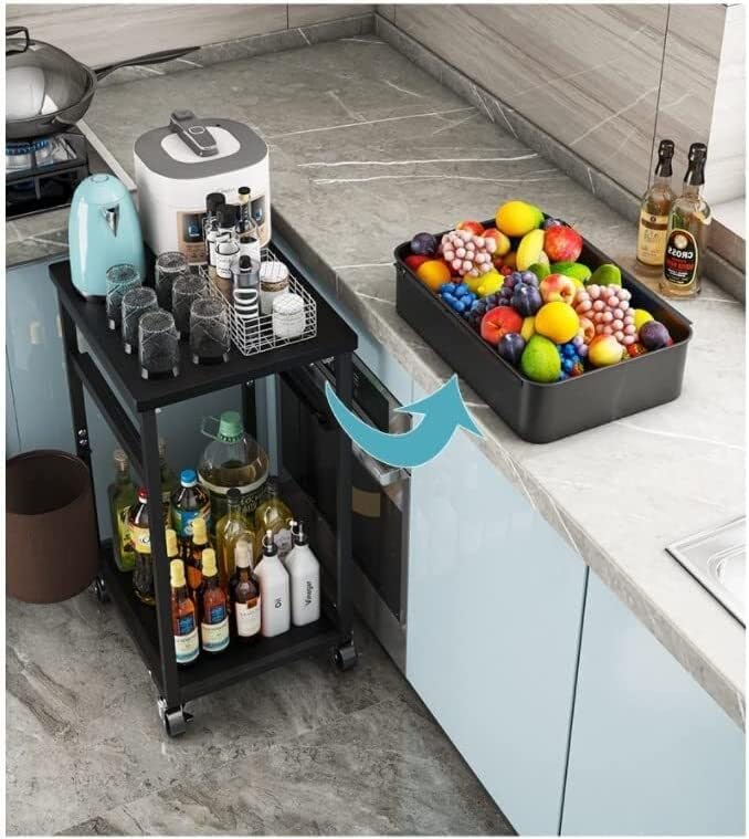 LOSTIS Storage Trolley Rolling Cart Utility Cart Metal Kitchen Storage Cart with Lockable Wheels and Trash Basket Rolling Cart Snack Storage Trolley Bedroom Kitchen Storage Cart Rolling Storage Cart