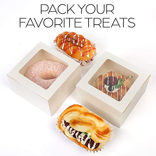 LotFancy White Bakery Boxes with Window, 4x4x2.5 Inches, 60 Pc Pastry Boxes for Cookies, Macarons, Chocolates and Baked Goods, Small Treat Boxes for Holidays, Parties, Birthday, White Paper Cardboard