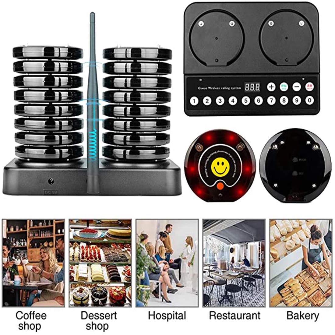 Daytech Restaurant Pager System Wireless Paging Buzzer Calling System for Clinic Church Cafe Shop with 20 Coaster Pagers and 1 Numeric Keypad Transmitter(Please Tighten The Antenna to The Right )