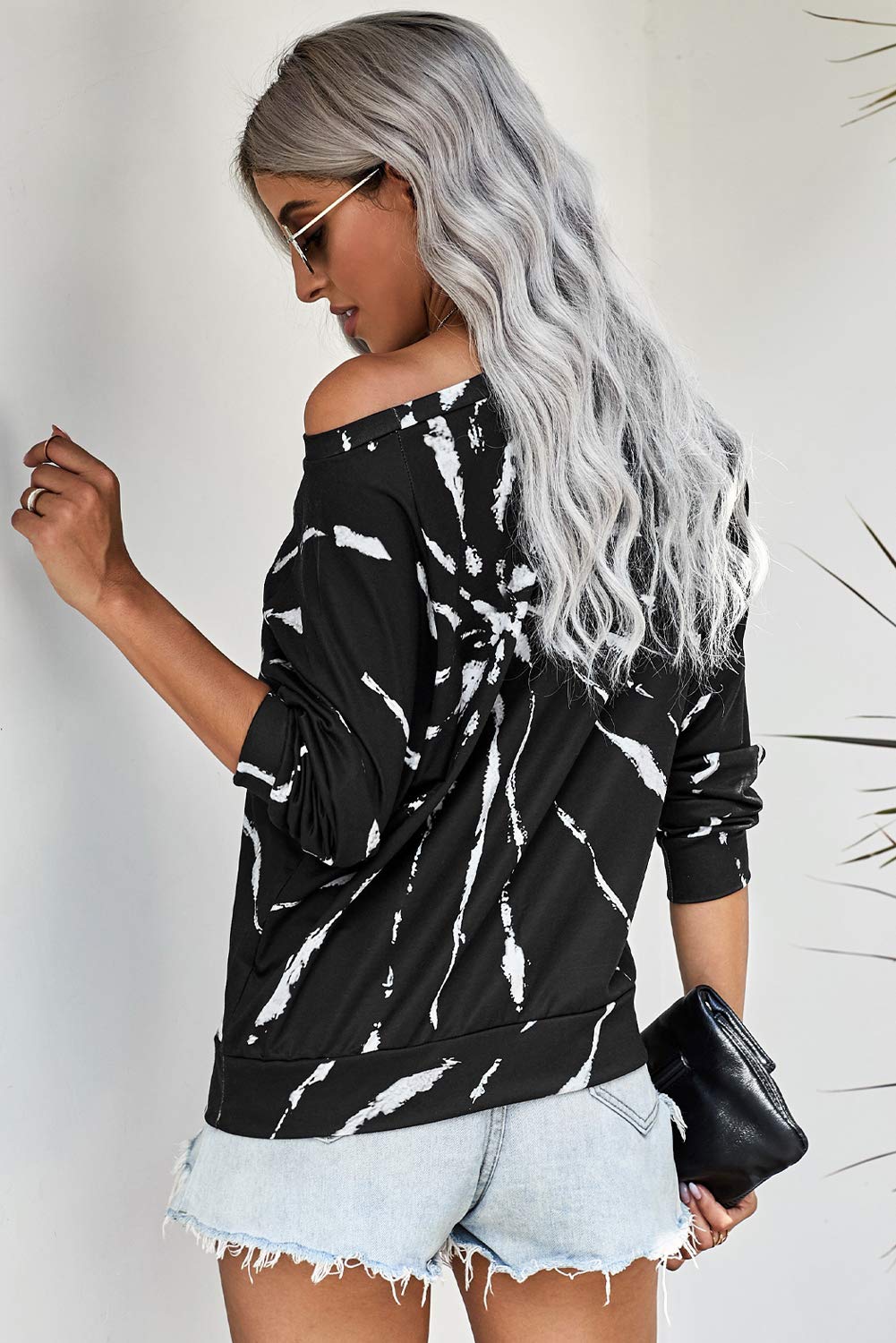 EVALESS Women Tie Dye Sweatshirt Off Shoulder Shirt Long Sleeve Pullover Tops Black S