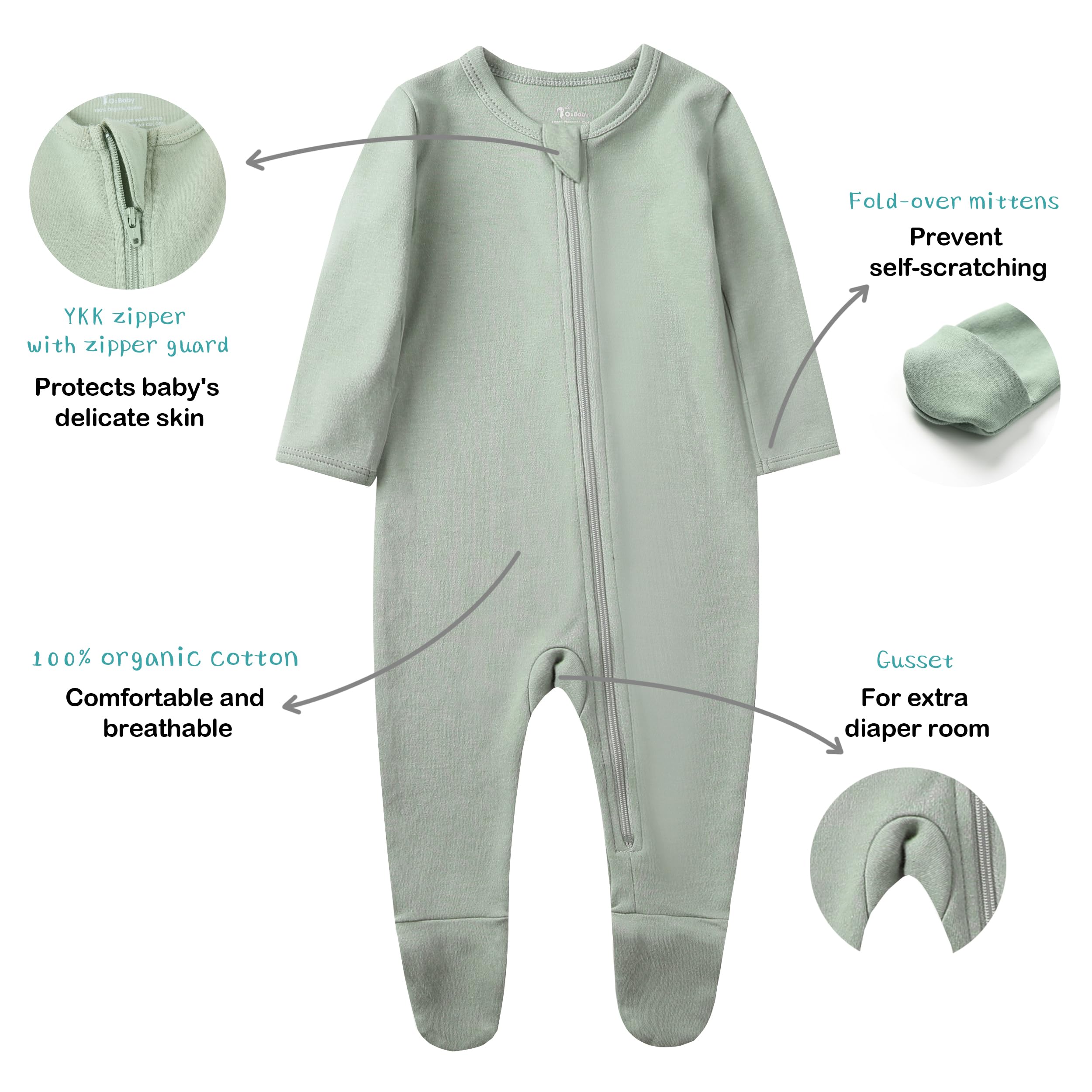 O2 BABY Baby Boys Girls Organic Cotton Zip Front Sleeper Pajamas, Footed Sleep 'n Play(0-3 Months, Sage)